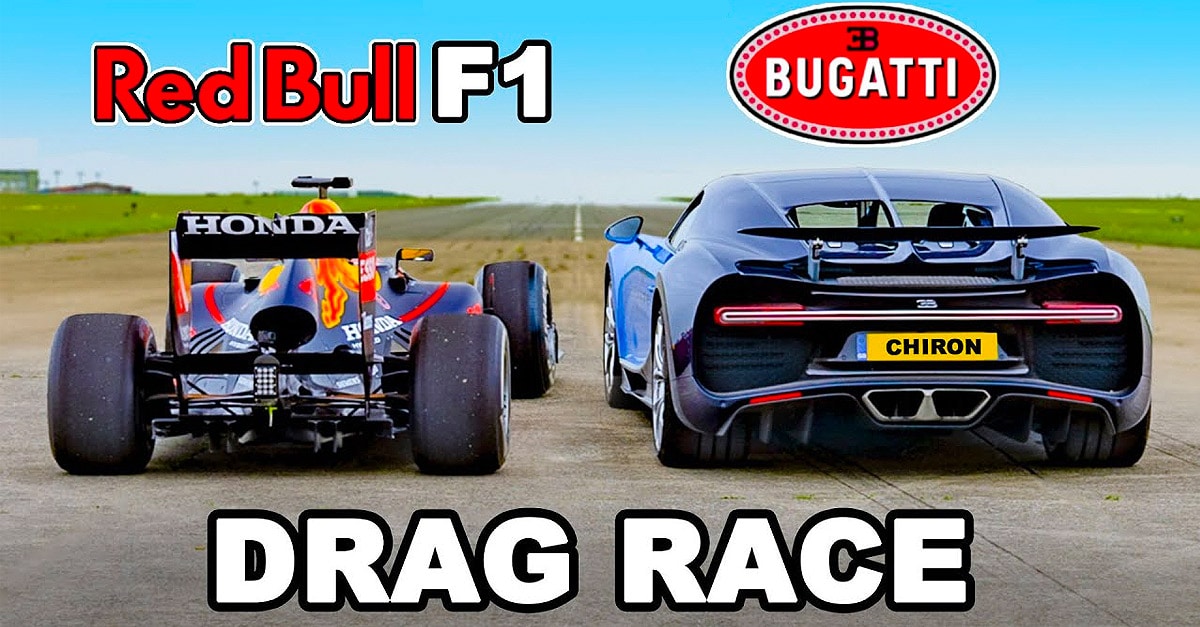 Se en Bugatti Chiron i drag race mod en F1-racer